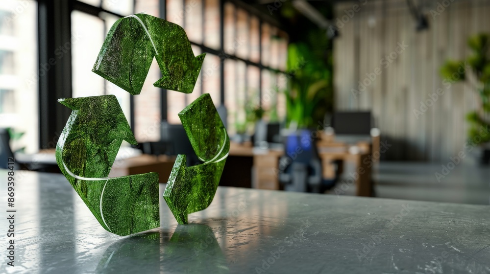 Green recycle symbol icon sign with modern office interior background ...