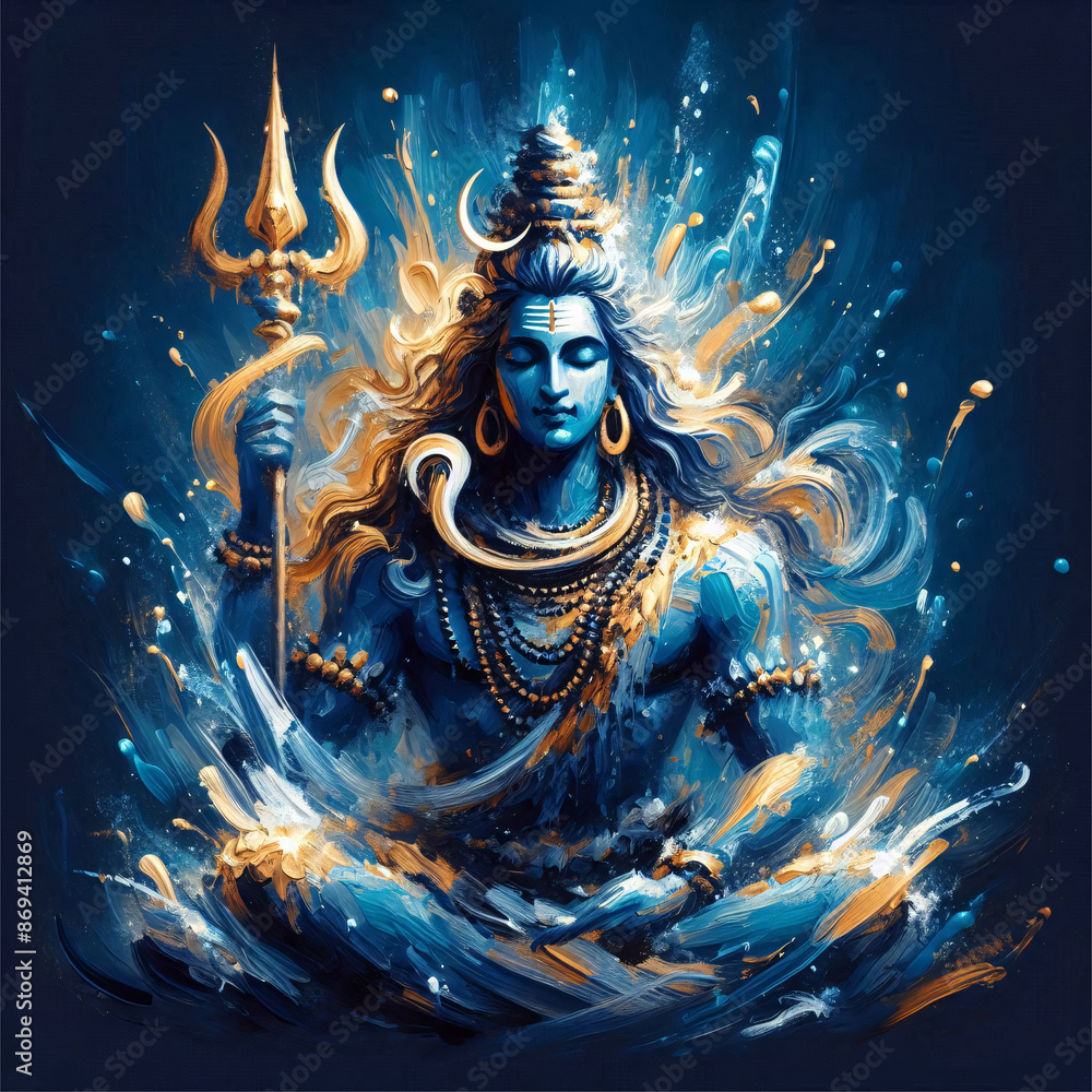 modern blue and golden oil paint brush stroke art of lord shiva sitting ...