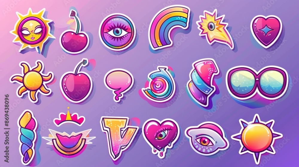 Retro groovy stickers featuring rainbow, sun character, disco ball ...