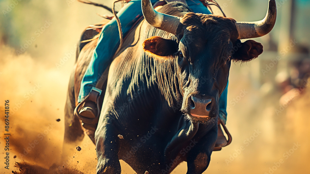 Rodeo rider in action at dusty arena. Bull riding in focus. Powerful ...