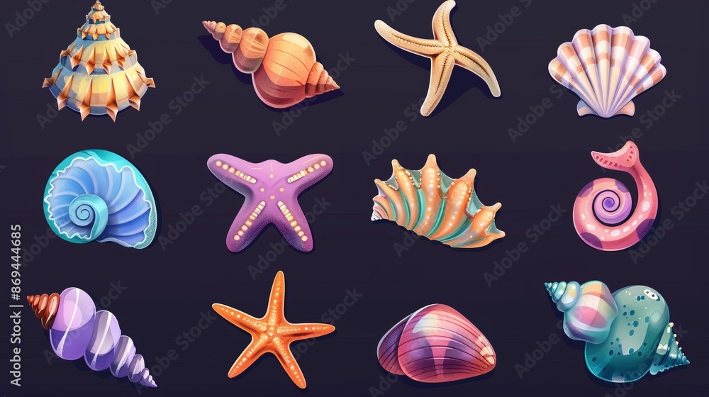 Shell and conch in clam game icons. Cartoon modern illustration set of ...