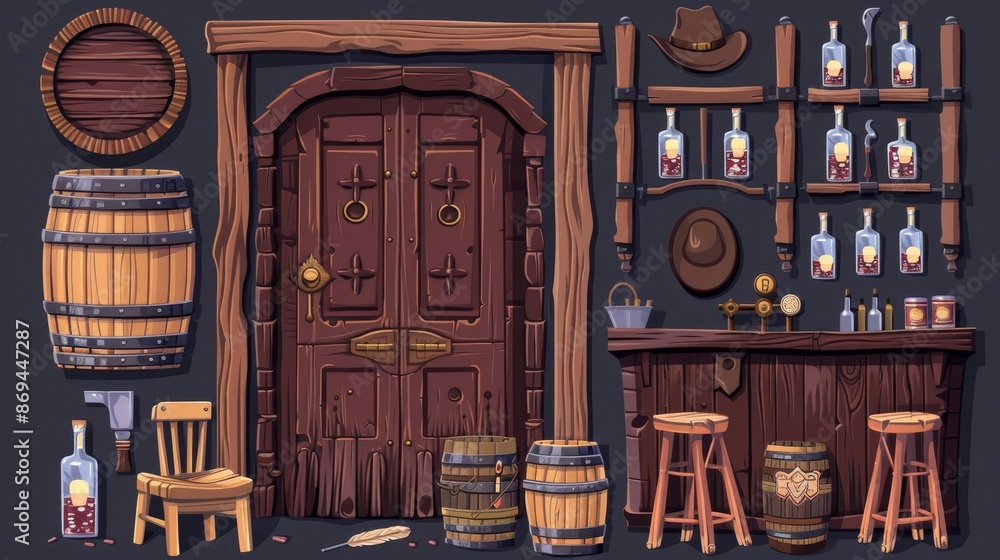 Cartoon set of old west cowboy pub furniture and stuff - wooden ...