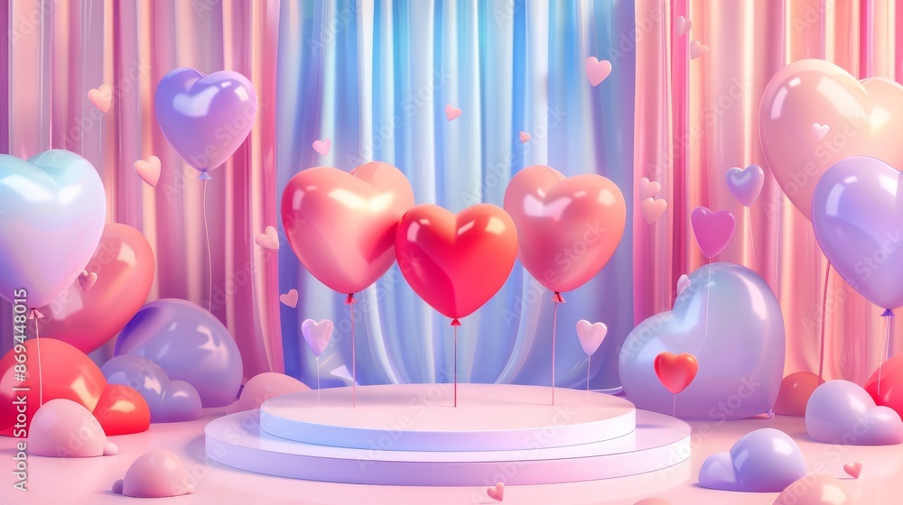 Red heart-shaped two steps staircase and floating love symbols with ...