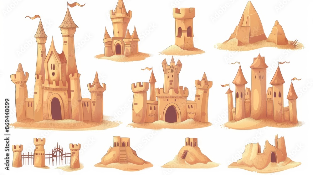 Sandcastle sculpture with towers and gates. Modern illustration set of ...