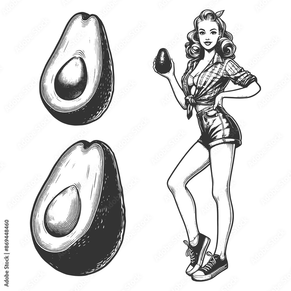 Ilustración de Stock pin-up girl in shorts and a tank top, holding a ...