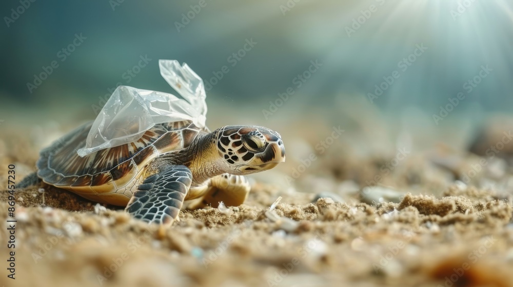 Sea turtle trying to eat a plastic bag, ocean pollution, marine life ...