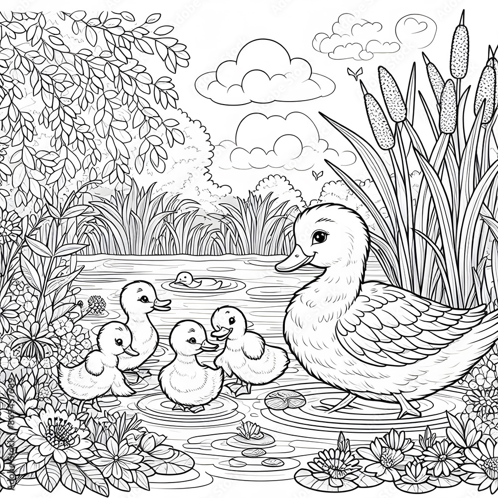 Cute Duck Cartoon Coloring Page Adorable Printable for Kids Stock Photo ...