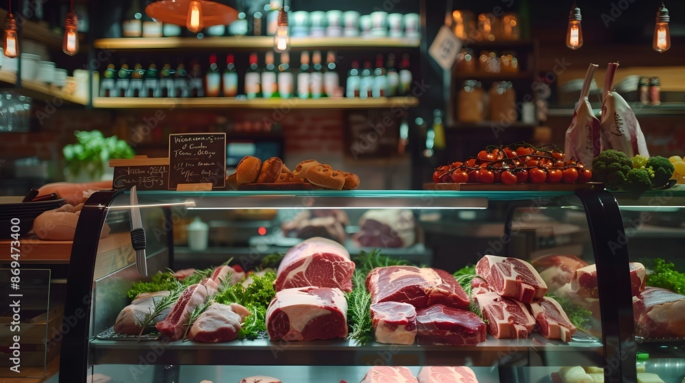 Fresh cuts of meat displayed in a butcher shop. A variety of meats are showcased behind a glass ...