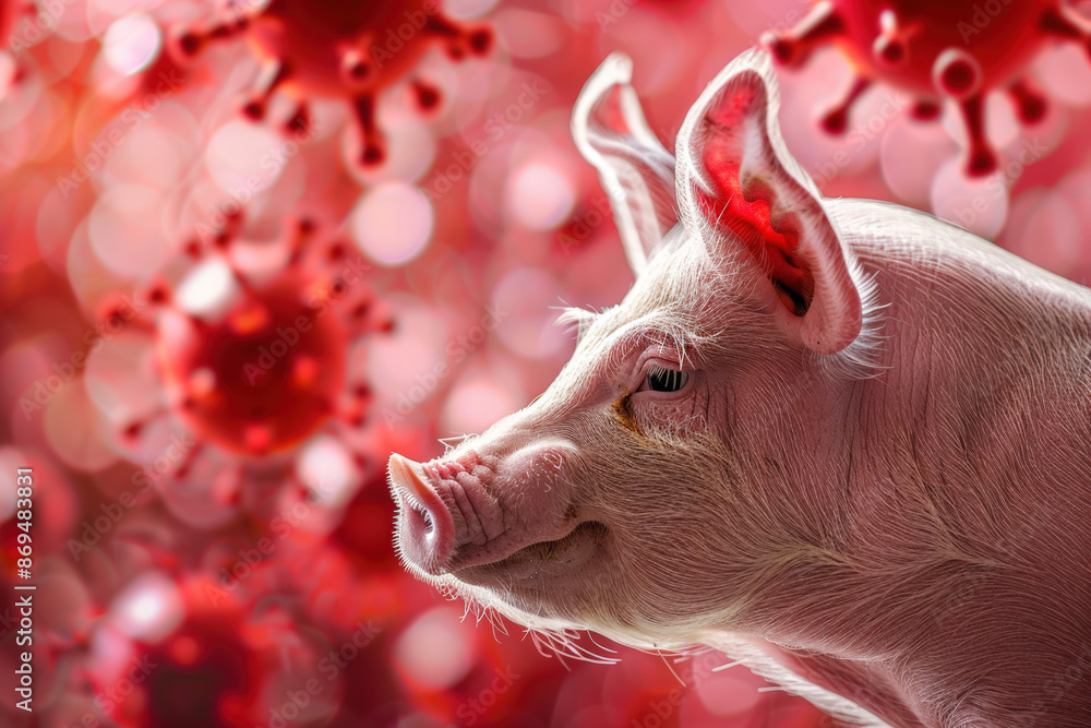 Pig standing in front of a red background with virus cells, concept ...