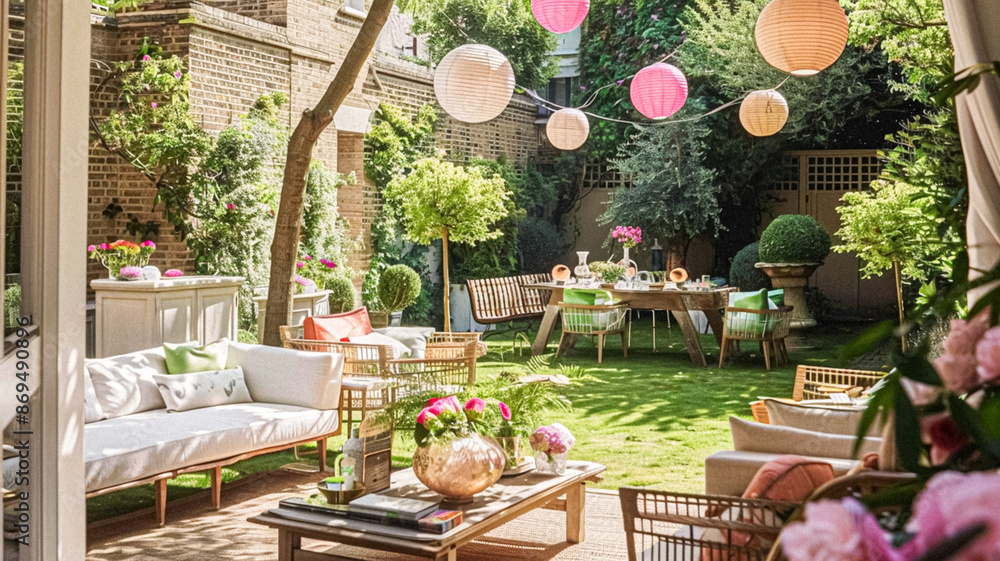 Summer party celebration in the garden, outdoor lounge and countryside ...