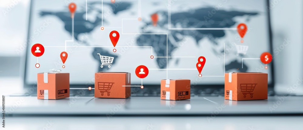 Global shipping concept showcasing boxes with e-commerce symbols on a ...