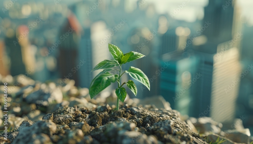 Resilient Green Plant Growing Amidst Urban Landscape, City Scene ...