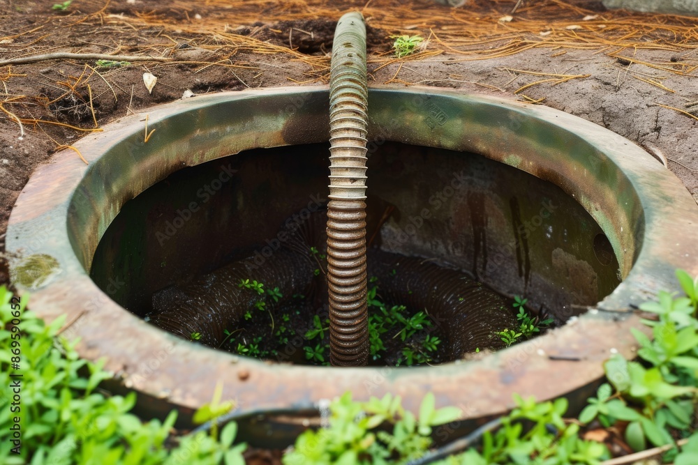 Pipe in the drainage pit. Pumping out sewage from a septic tank. Septic ...