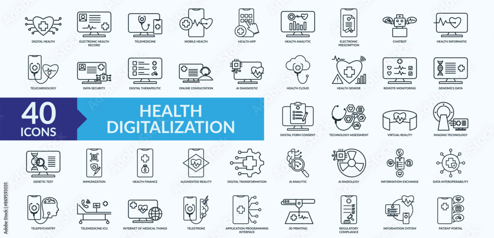 Health digitalization icon collection set with electronic health record ...