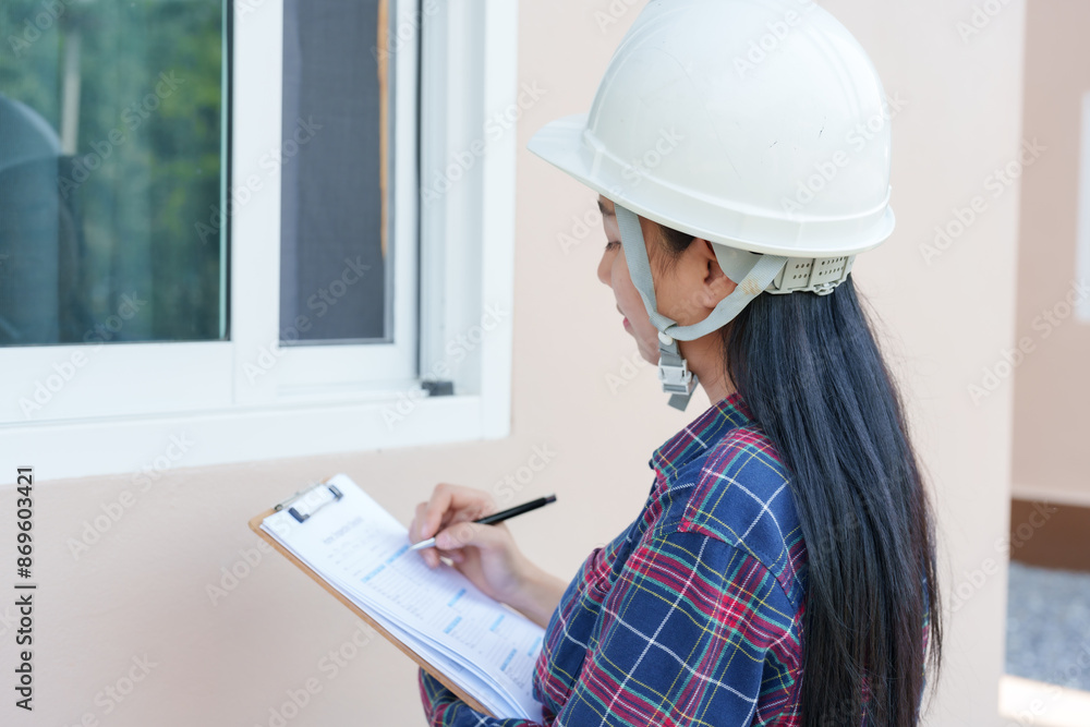 Asian female construction inspector writing on clipboard near window ...