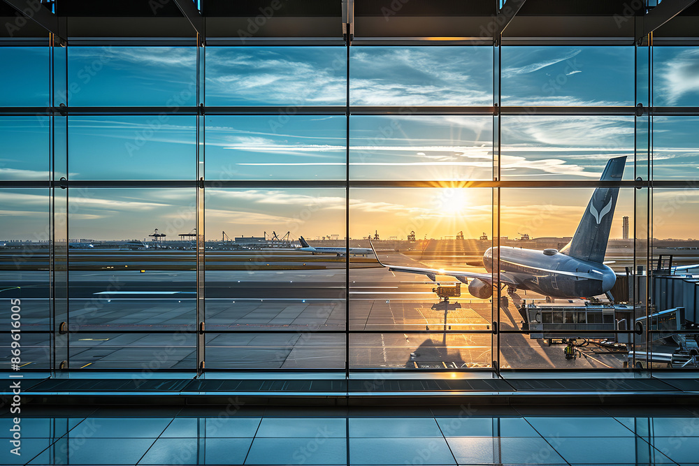 panoramic airport windows overlooking the runway and an airplane ...