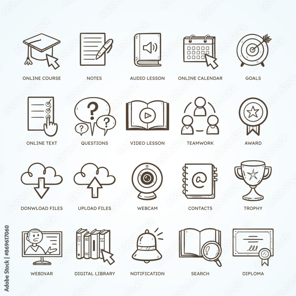 E-learning icon set. Collection of 20 school icons, perfect for online ...