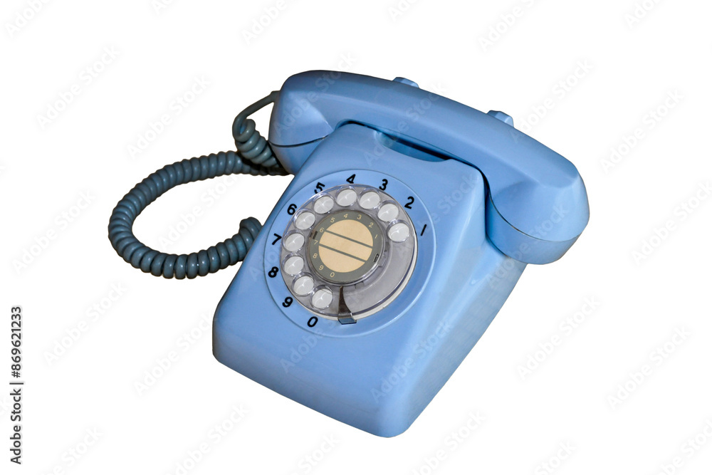 Photo of an old vintage blue rotary dial phone with receiver and a ...