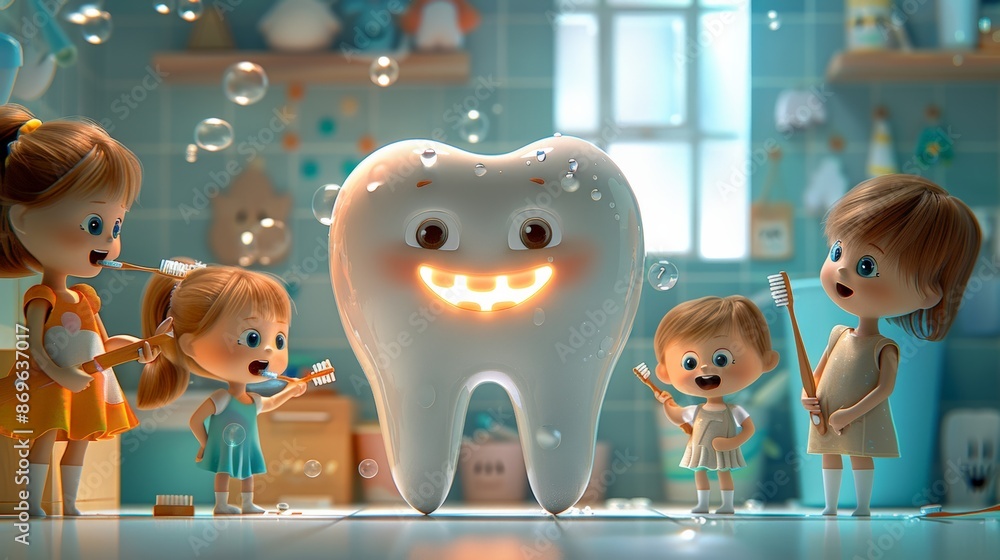Cartoon featuring three children brushing teeth alongside a smiling ...