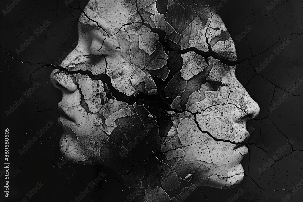 Black and white digital artwork featuring two female faces formed ...