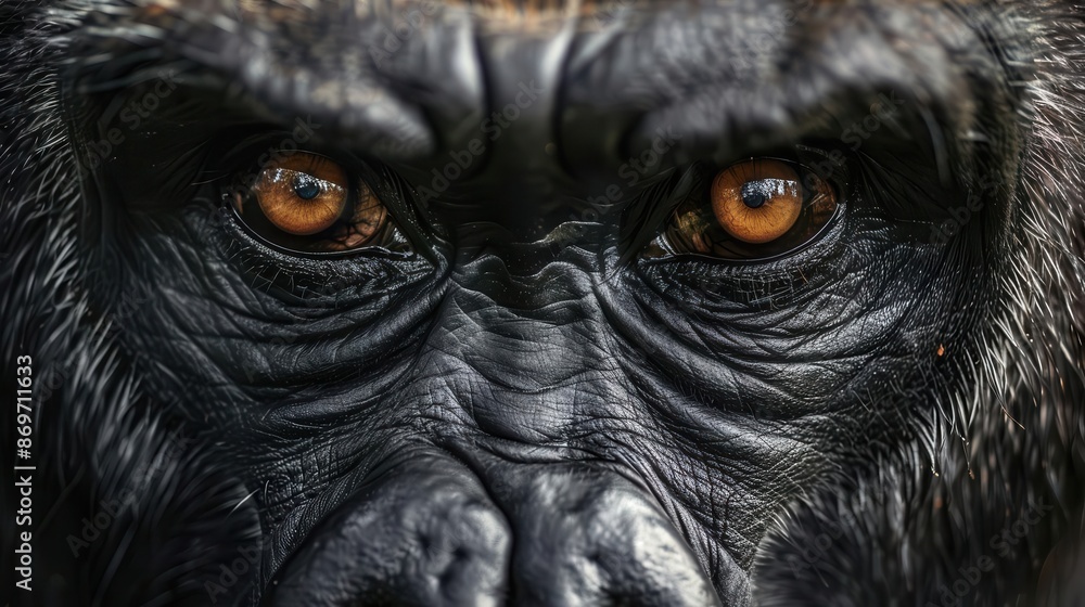 intense closeup of silverback gorillas eyes wrinkled skin texture ...