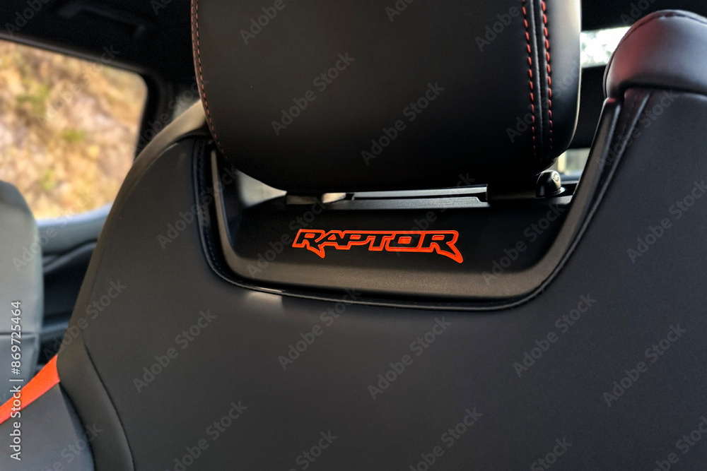 Ford F-150 Raptor model badge in seat headrest, Pickup Truck interior ...