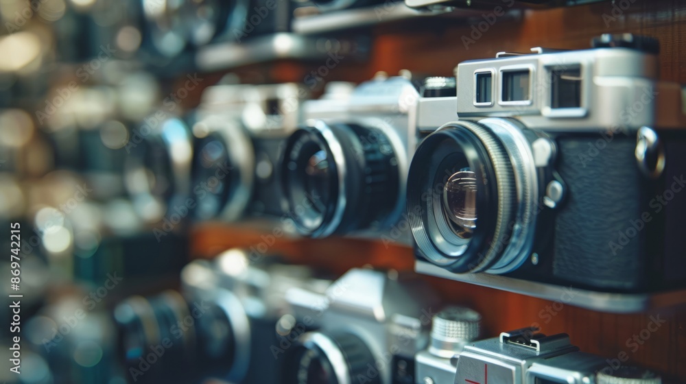 Vintage cameras on display. A collection of classic film cameras ...