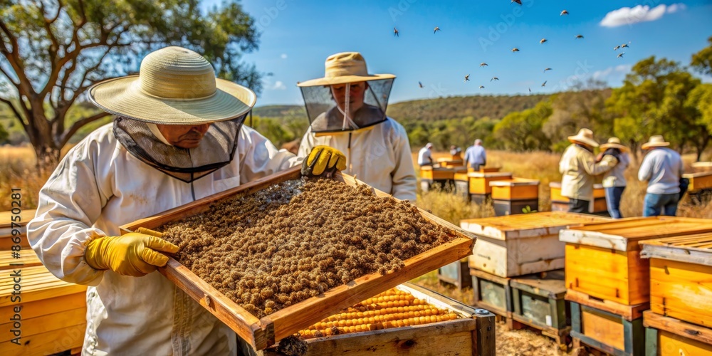 Australian apiary apiarist looking after honeycomb, beekeeper in outback bee yard with beehives ...