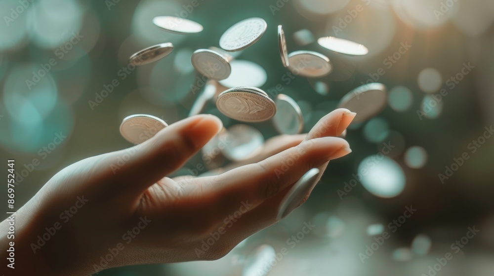 Silver coins fall from the fingers. Photography, pastel shades. Stock ...