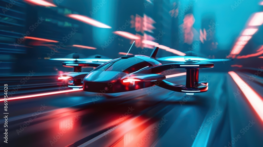 Autonomous flying cars navigate through smart city airways, providing a ...