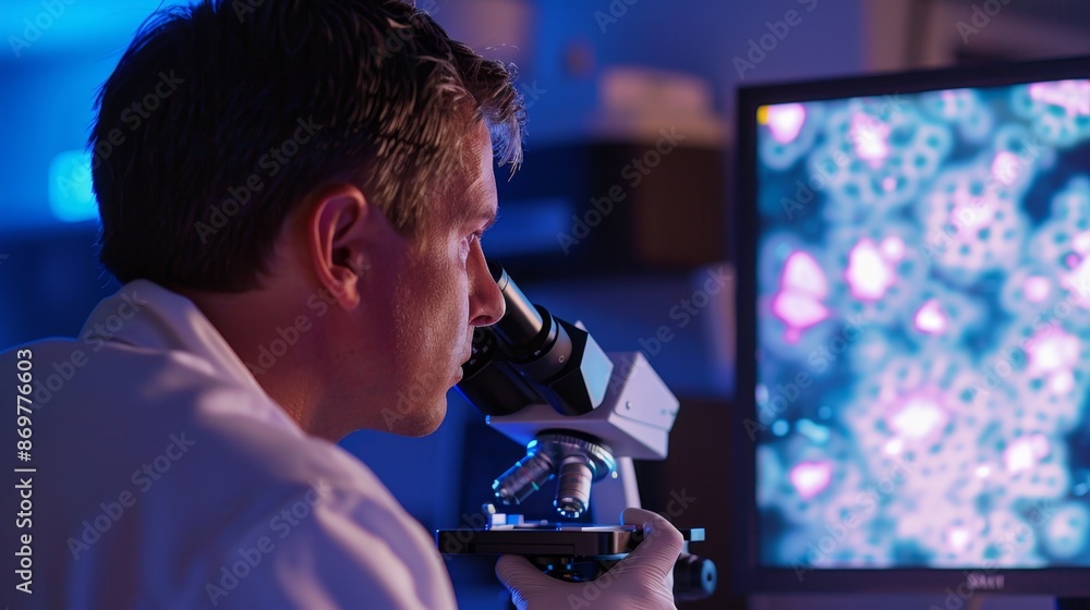 scientist capturing microscope images of embryos, with a clear view of ...