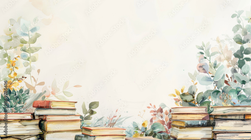 watercolor background with copy space. backdrop with different books ...