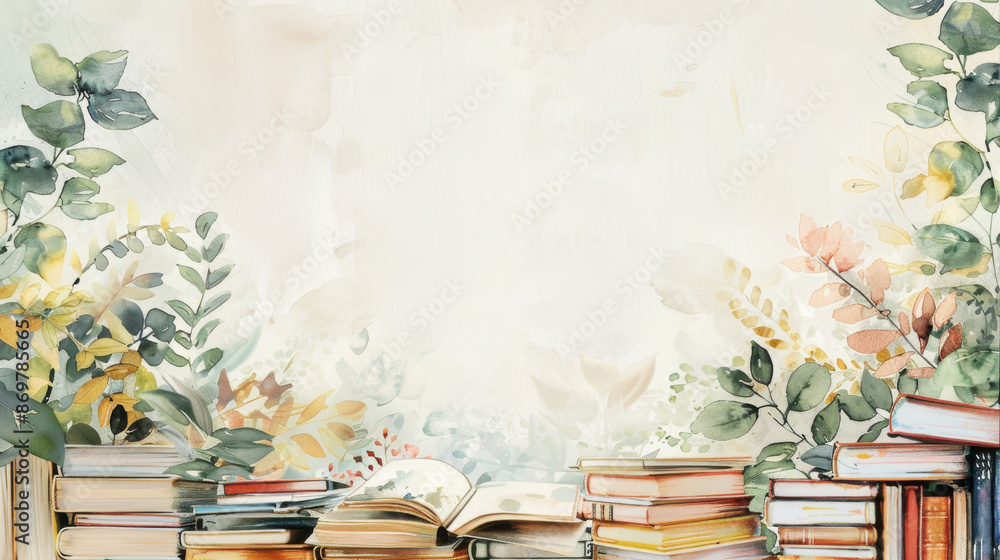 watercolor background with copy space. backdrop with different books ...
