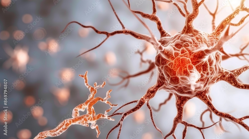 Alzheimer's disease illustration, neuron with amyloid plaques and tangles, highlighting brain ...