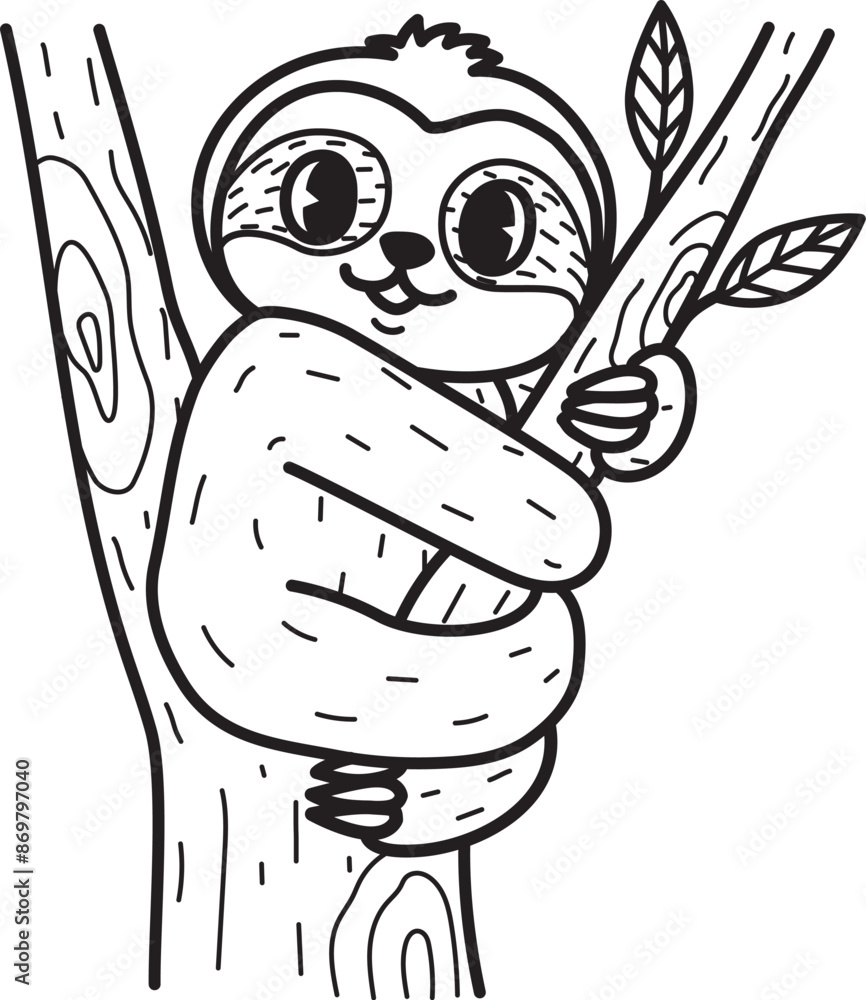 Bold line drawing cute baby sloth with editable stroke thickness for ...
