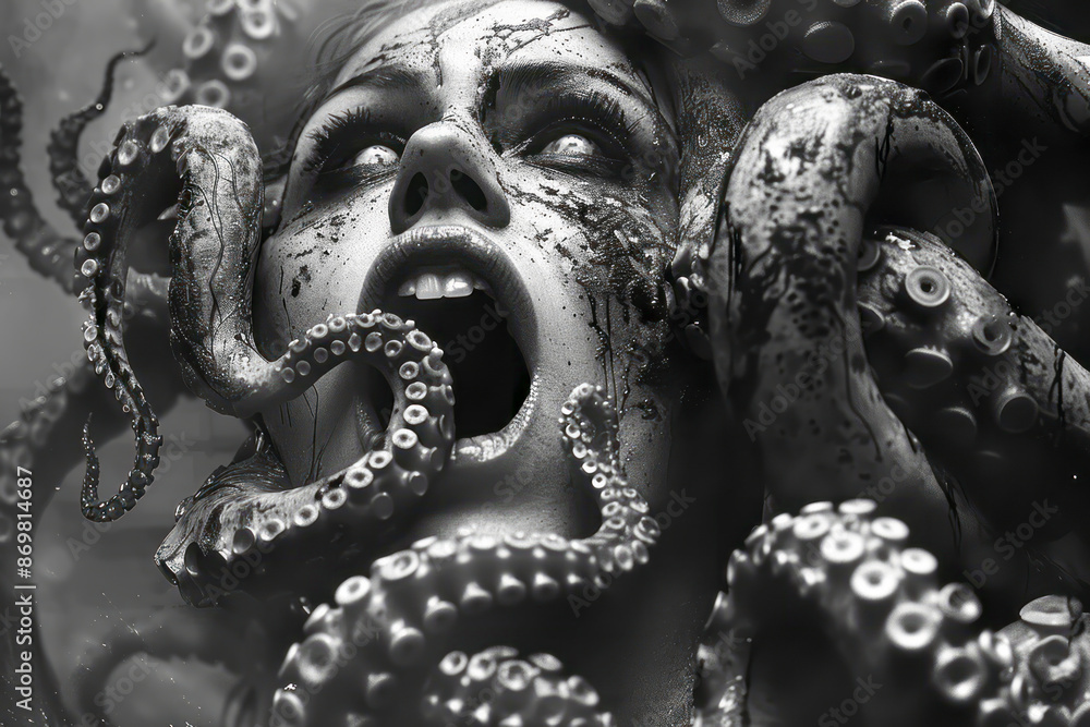 Sinister Siren A Dark Fantasy Portrait of a Malevolent Woman with Tentacles in Hyper-Realistic ...