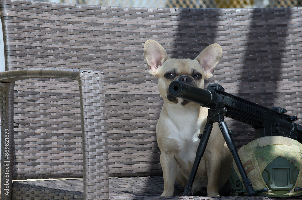 An adorable dog sits in a wicker chair behind the muzzle of an airsoft ...
