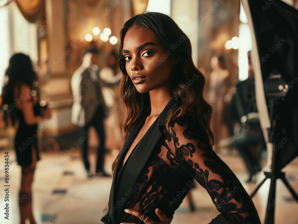 Celebrity posing for a photo shoot in a luxurious setting, with people ...