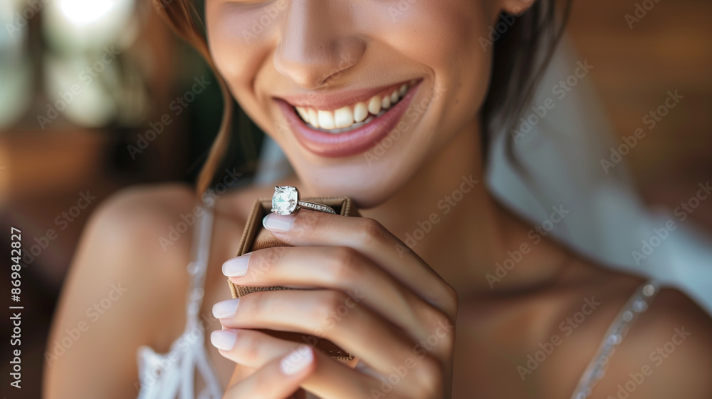 Beaming bride proudly shows off her stunning engagement ring on her ...