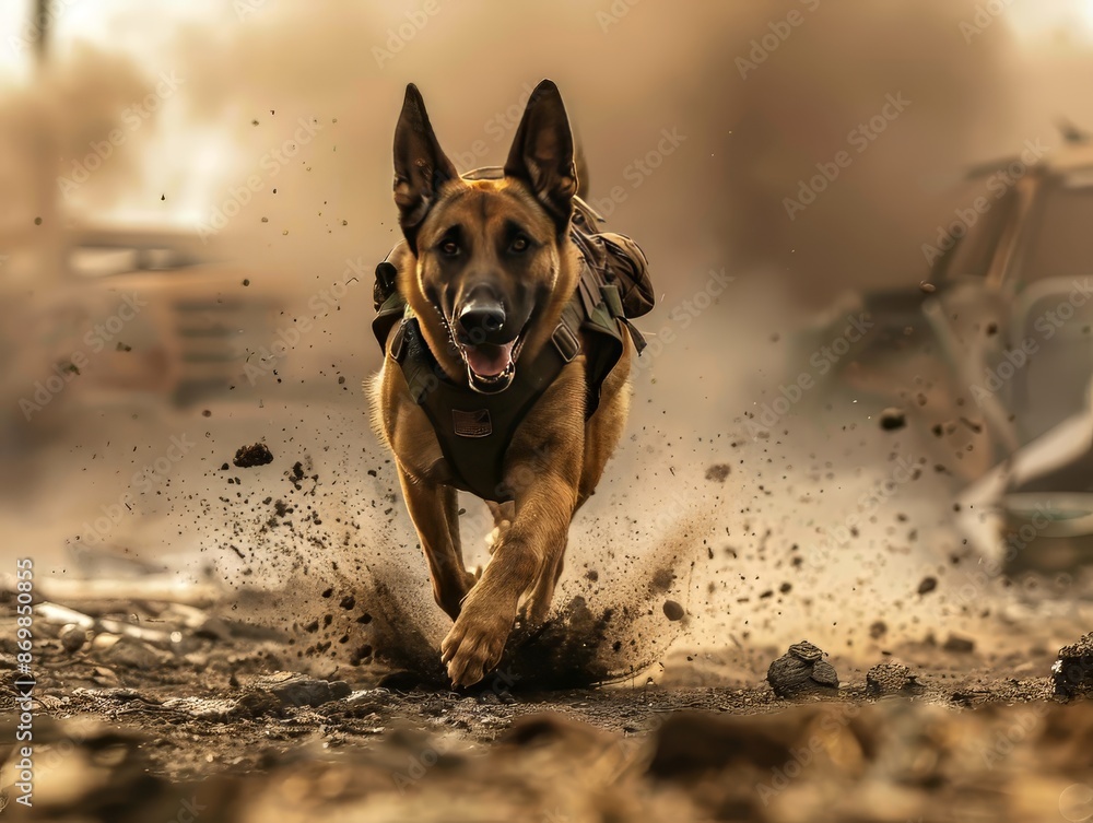 Dynamic Photo of US Military Dog Running Through Battlefield Stock ...
