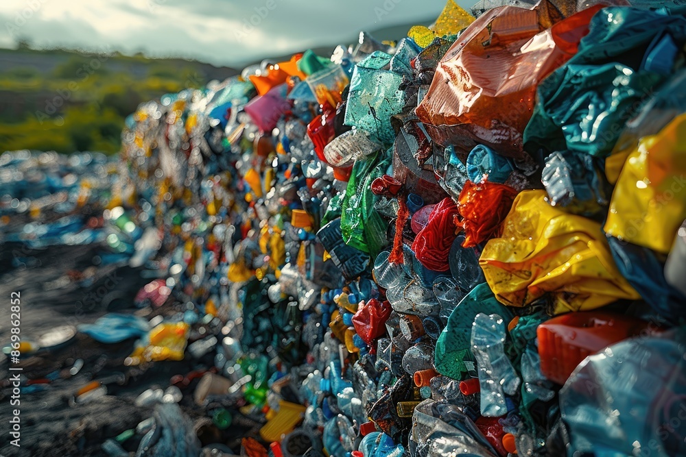 Sprawling landfill site overflowing with mountains of discarded plastic waste, highlighting the ...
