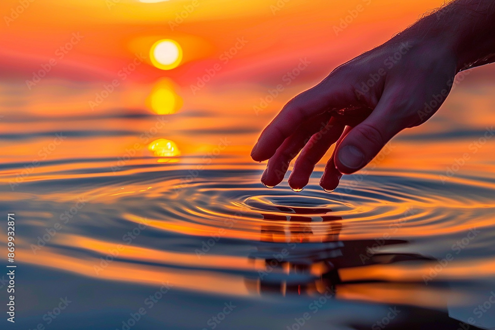 Hand gently touching the water's surface at sunset, creating ripples ...