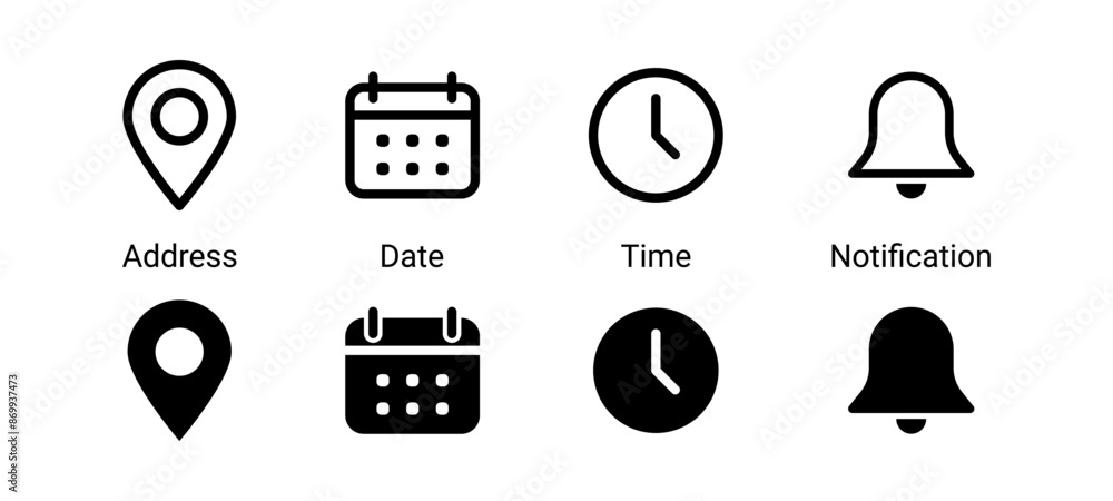 Address location icon. Notification bell icon. Stopwatch timer icon. Date Calendar icon - Web ...