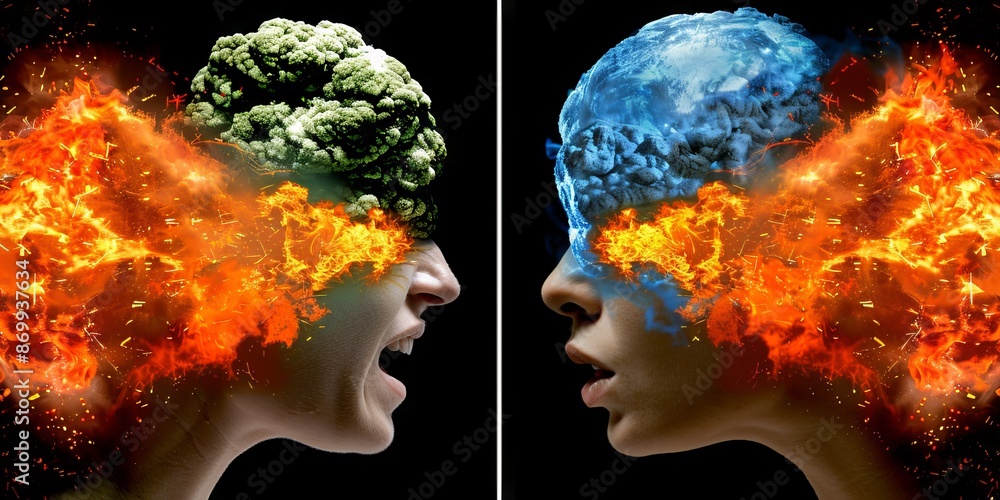 Fiery and Icy Brain Explosion Concept, dynamic, head, ice, fire, brain ...