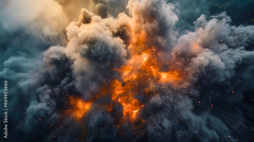 Fire explosion particles flying with black or grey dark smog cloud ...