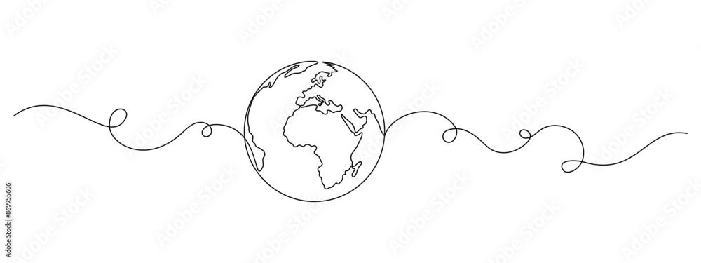 Continuous one line drawing of earth globe with flourish art. World map ...