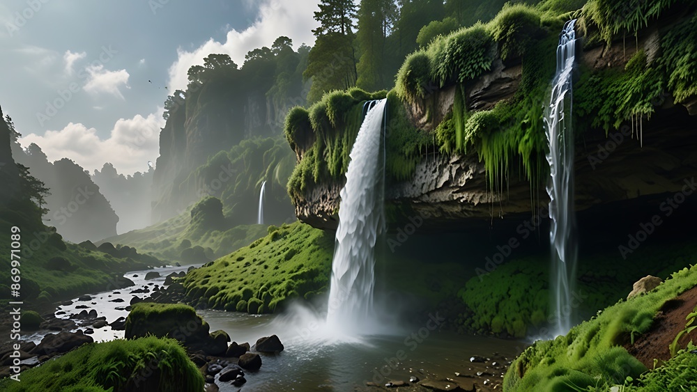 Triple Waterfall cascading down moss covered rock face in lush green ...