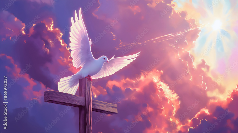 White dove bird symbolizing Holy Spirit flying near wooden cross in the ...