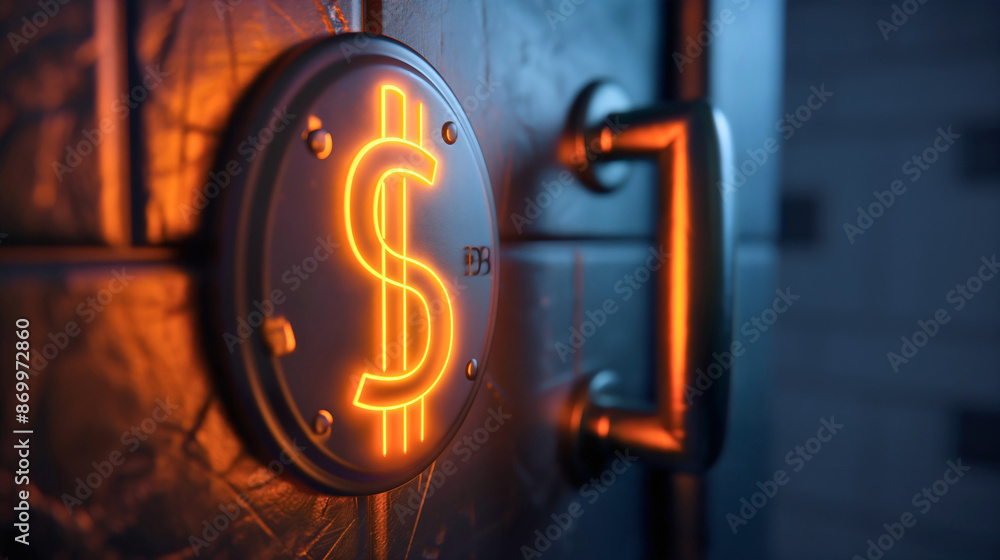 Glowing dollar currency symbol or sign on money safe vault. Wealth ...