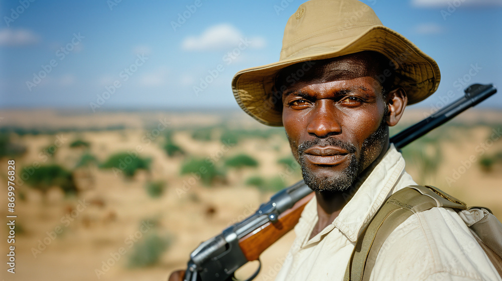 portrait of a black male safari guide with bolt-action rifle slung over ...